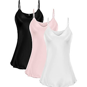 3 Pack Women's Silk Nightgown, Satin Sleepwear Adjustable Spaghetti Strap Nightwear Chemise V Neck Slip Dress (Black, White, Pink, Small)