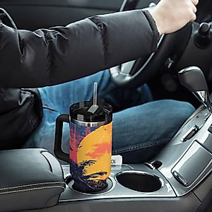 FRCSDIY Coconut Trees and The Sun Insulated Tumbler with Handle and Straw Lid,30oz Leakproof Stainless Steel Cup BPA-Free Water Bottle