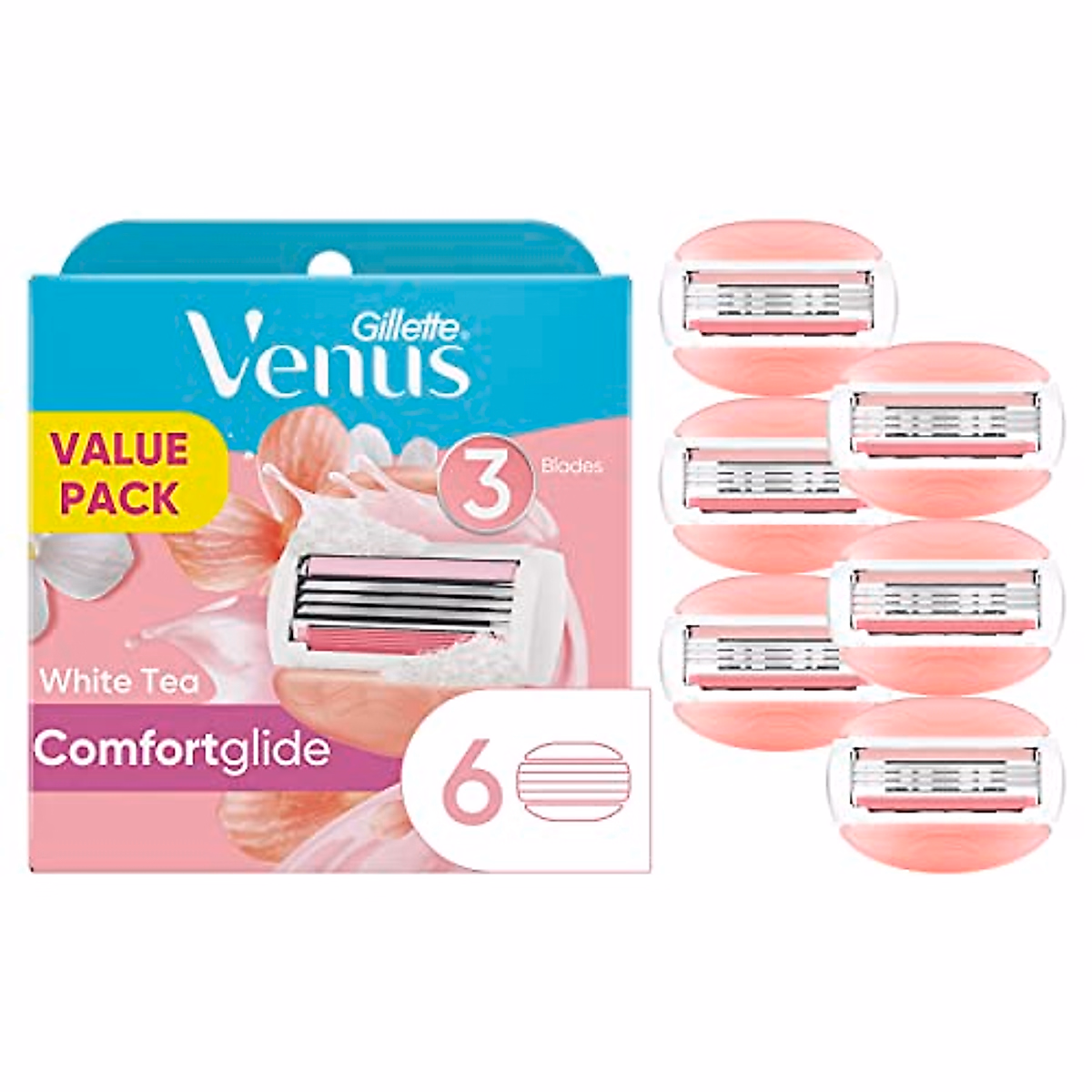 Gillette Venus ComfortGlide Womens Razor Blade Refills, 6 Count,(Pack of 1) White Tea Scented Gel Bar Protects Against Skin Irritation