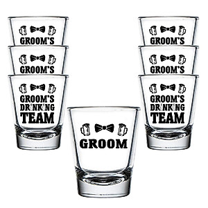 shop4ever Groom Bowtie and Groom's Drinking Team Shot Glasses ~ Bachelor Party Favors ~ Wedding Shot Glasses (7 Pack)