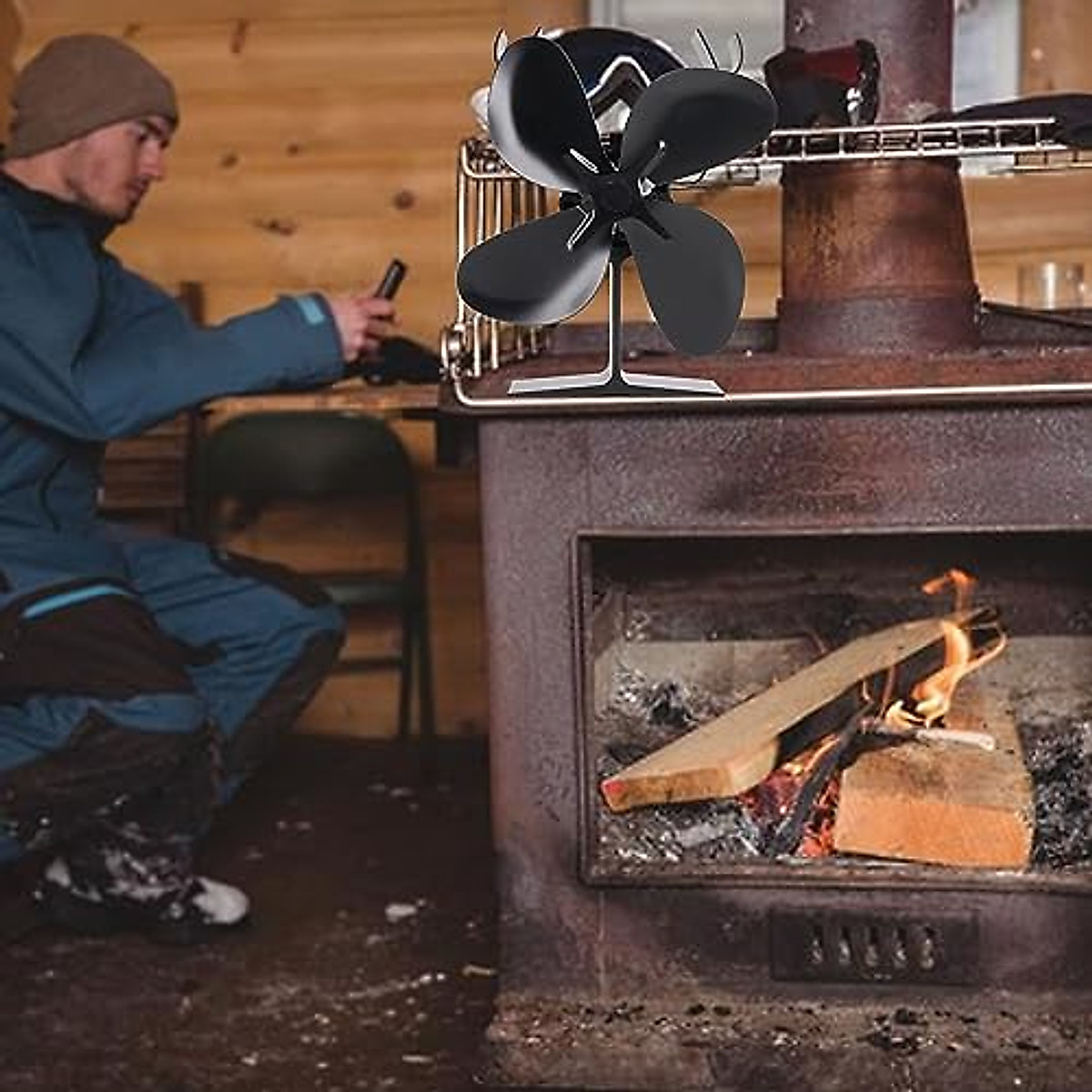4 Blade Heat Powered Stove Fan Large Air Volume Fireplace Wood Stove Fan Non Electric Eco Fan Low Noise Aluminum Alloy Black