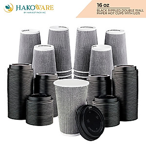 [85 SET]Harvest Pack 16 oz Disposable Coffee Cups, Insulated Ripple Double-Walled Paper Cup with Lid, Black and White Geometric, Tea Hot Chocolate Drinks To go coffee cups