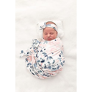 Vollmic Newborn Baby Girl Receiving Blanket Swaddle Blanket Stretchy Knit Swaddle Set with Matching Headband (Ink Pink)