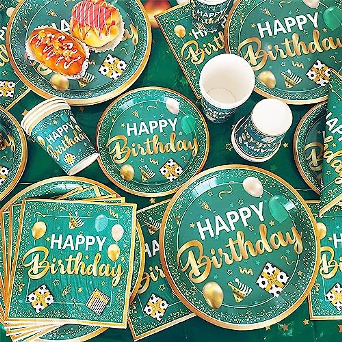 XFongFron Teal and Gold Happy Birthday Decorations Birthday Party Disposable Tableware with Teal Gold Plates Napkins Cups and Tablecloth for 30 Guests