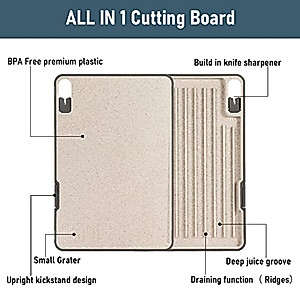 BSSuperU Plastic Cutting Boards for Kitchen with Ridge, Multifunctional Non Slip Upright Chopping Board with Juice Groove and Build in Sharpener Grater
