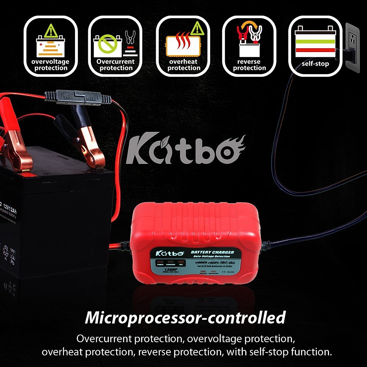 Katbo Battery Charger Automatic Maintainer 6V 12V Automatic Smart for Auto Car Motorcycle Lawn Mower ATVs RVs AGM Gel Lead Acid Batteries