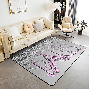 Paris Living Room Rugs Area Rug 3x5 Eiffel Tower Area Rug Silver Grey Glitter Decorative Carpet for Girls Boys Kids Trip Design Bedroom Decor Valentines Romantic France Indoor Floor Mat (No Glitter)
