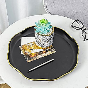MyGift Modern Art Deco Matte Black Metal & Brass Tone Rim Serving Platter w/Scalloped Edges - 12-Inch Round Vanity Tray Display - Handcrafted in India