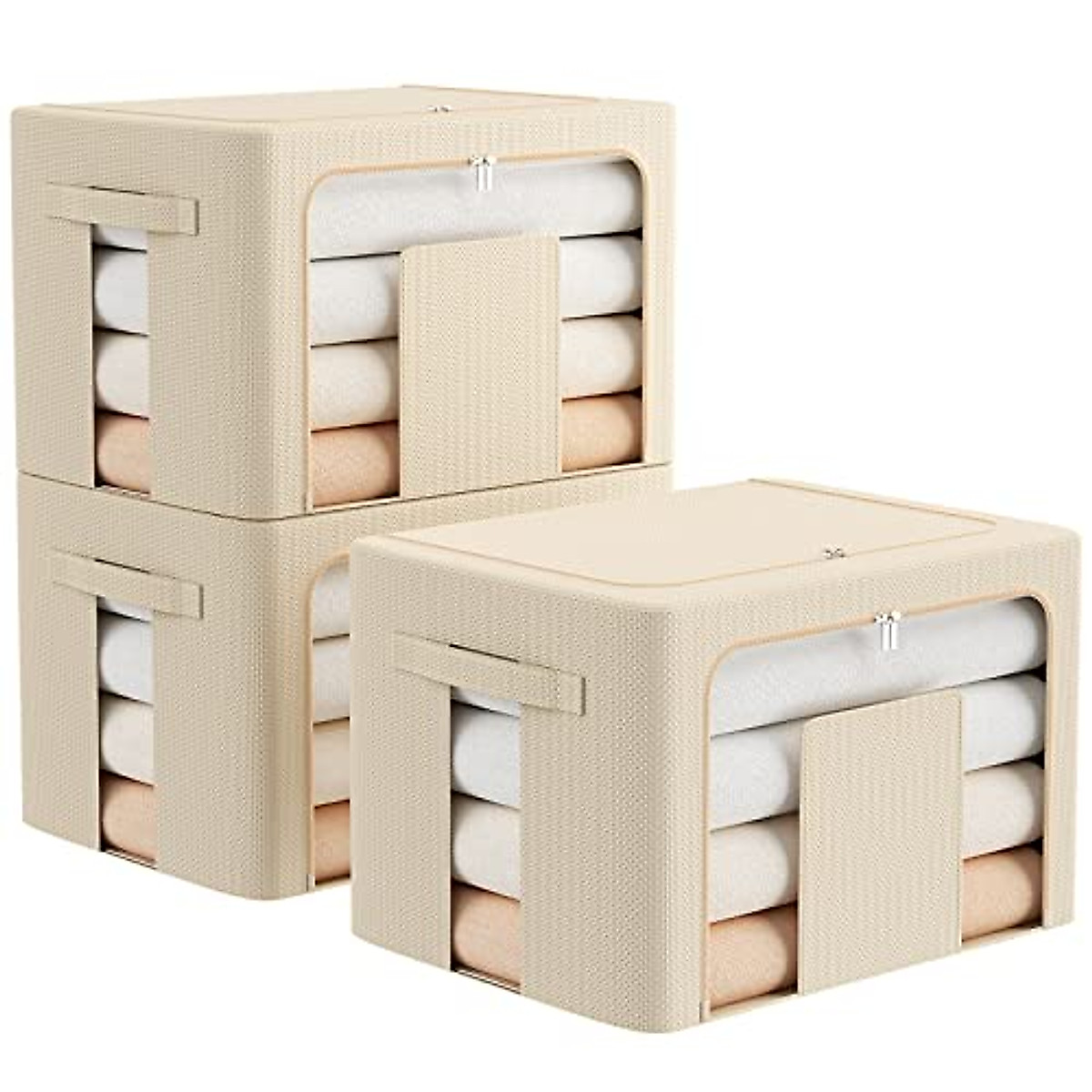 FAikhom 3 Pack Stackable Storage Bins- Foldable Metal Frame Storage Box Oxford Fabric Stackable Clothes Container Organizer with clear Window & Carry Handles (66L, Beige)