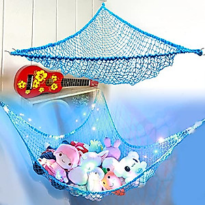 Corner Stuffed Toy Hammock with LED Light, Corner Plush Toy Net Holder, Stuffed Animals Hanging Storage Net, Hanging Toy Net Hammock for Nursery Play Room Bedroom(Blue)