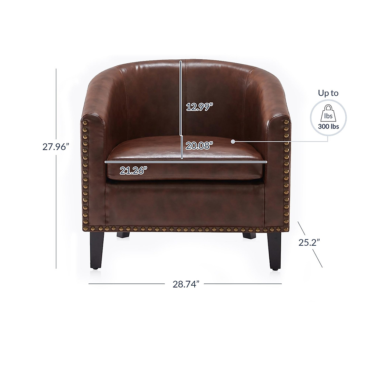 BELLEZE Accent Barrel Chair, Modern Tub Club Chair Upholstered Armchair for Living Room, Faux Leather Chair with Gold Nail Head Trim Black Legs - Kyara (Brown)