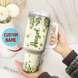 WAZONE Personalized Avocado Tumbler Cup With Lid Custom Name Tumbler 40oz with Handle and Straw Travel Mug Cute Exercise Yoga Cups With Funny Sayings Gift For Fitness Enthusiast Women Girls