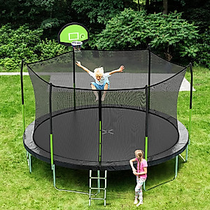AOTOB 14FT Trampoline with Safety Enclosure Net, Outdoor Trampoline with Basketball Hoop,Heavy Duty Jumping Mat and Spring Cover Padding for Kids and Adults, Storage Bag and Ladder Green