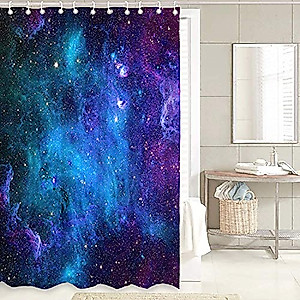Universe Outer Space Theme 4 Pcs Toilet Lid Cover Bath Mat, Starry Galaxy Shower Curtain Set with Rugs, Flower Shower Curtain with 12 Hooks, Shower Curtain for Bathroom (Starry Sky)