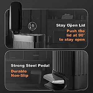 TrashAid Small Black Bathroom Trash Can with Lid Soft Close, 6 Liter / 1.6 Gallon, Stainless Steel Garbage Can with Removable Inner Bucket, Step Pedal, Slim Wastebasket for Toilet, Office, Bedroom