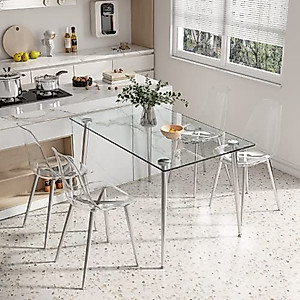 51 inch Glass Dining Table Set for 4, Dining Table & Chair Sets with Silver Plating Legs for Kitchen, Modern Rectangle Tempered Glass Table Top and Transparent Plastic Dining Chair for Dining Room