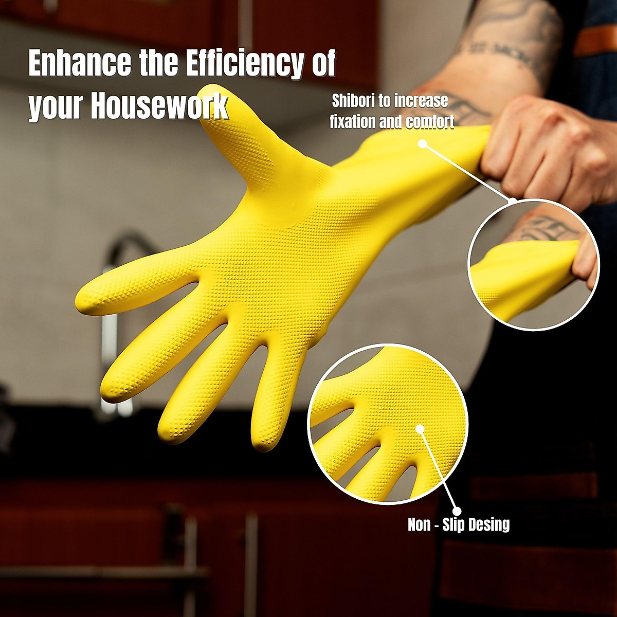 Rubberplus 3-Pairs Reusable Household Yellow Gloves Rubber Dishwashing gloves Extra Thickness Long Sleeves Kitchen Cleaning (Caliber 35, X-Large)