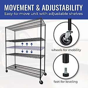 SafeRacks - NSF Certified Storage Shelves, Zinc, Heavy Duty Steel Wire Unit with Wheels and Adjustable Feet, Garage or Bakers Rack, Kitchen, Pantry Shelf - (24"x60"x72" 4-Tier) (Black)
