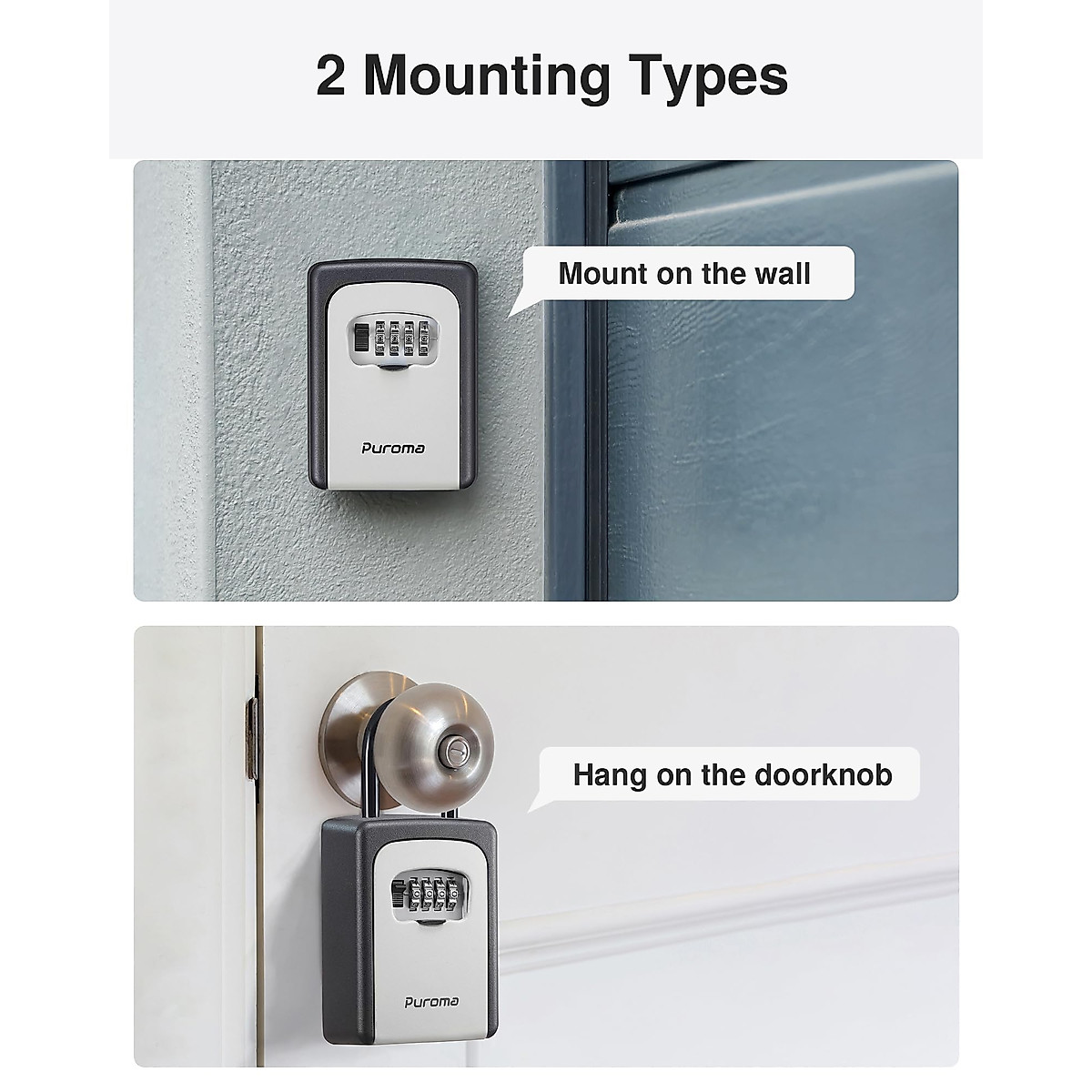 Puroma Key Lock Box Waterproof Combination Lockbox Portable Resettable Wall Mounted & Hanging Key Safe Lock Box for House Keys, Realtors, Garage Spare, Gray (1 Pack)