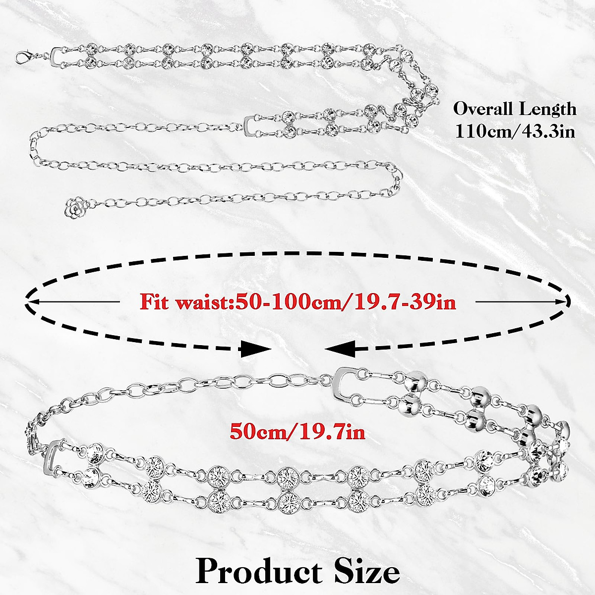 Amaxiu Women Rhinestone Chain Belt, Crystal Link Belt Metal Dress Belt Adjustable Skinny Waist Chain Belt(Silver)