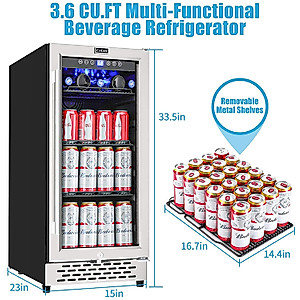 COLZER 15 inch Beverage Refrigerator with Glass Door 126 Cans Mini Beverage Cooler Under Counter Freestanding Built in Centre Garage Fridge with Lock for Drink Beer Soda Wine Water