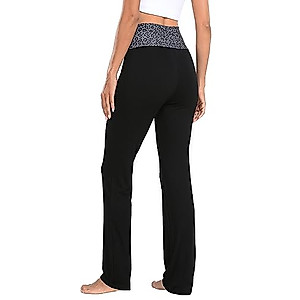 HDE Women's Color Block Fold Over Waist Yoga Pants Flare Leg Workout Leggings Black Leopard/Black - S