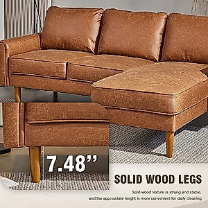 HOOOWOOO 81.51" L Shaped Couch Mid Century Modern Sectional Couch Brown Faux Leather Sofa with Right Chaise 3-Seater Rolled Arms Solid Wood Frame for Living Room Apartment