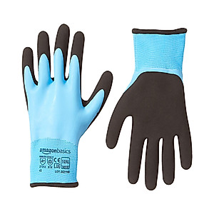 Amazon Basics 15 gauge polyester nitrile fully coated, sandy nitrile palm coated outer Size 9,L, 2-pair, Blue