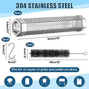 4 Pcs Pellet Smoker Tube 12 Inch Stainless Steel BBQ Wood Pellet Tube for Smoking with Cleaning Brush and 8 S Shape Hooks for Hours of Billowing Cold Hot Smoking for All Grills or Smokers