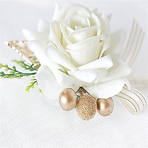 Jackcsale White Wrist Corsage and Boutonniere Set, Groomsmen Boy Boutonniere Bridesmaids Girl Corsage Wristlet Set for Wedding Party Prom Accessories Suit Decorations (Corsage and Boutonniere)