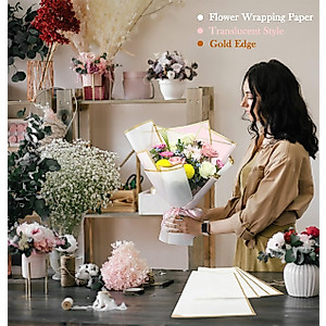 Unarty 20 Sheets White Flower Wrapping Paper, Waterproof Bouquet Wrapping Paper with Gold Edge, Floral Wrapping Paper Florist Bouquet Supplies for Flower Shop 22.8 x 22.8 Inch
