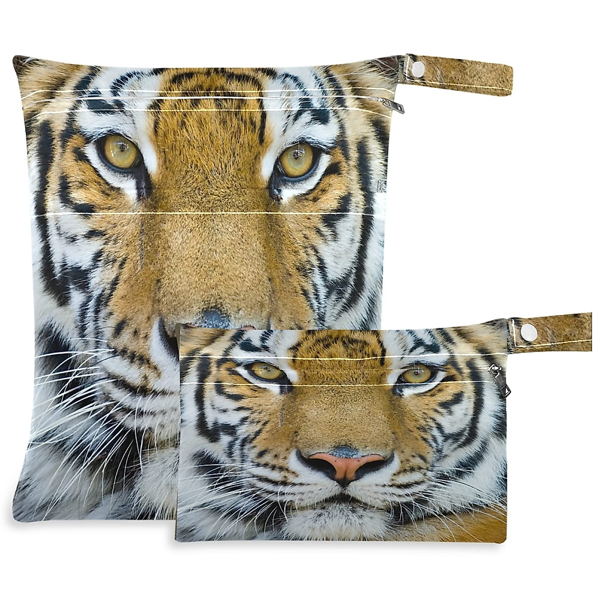 visesunny Tiger 2Pcs Wet Bag with Zippered Pockets Washable Reusable Roomy for Travel,Beach,Pool,Daycare,Stroller,Diapers,Dirty Gym Clothes, Wet Swimsuits, Toiletries