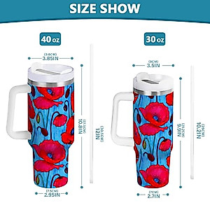 ODAWA 40oz Red Poppies Blue Insulated Tumbler Cup with Handle and Straw Lid, Vacuum Insulated Tumbler