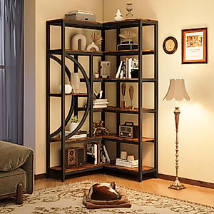 Knowfunn Industrial Corner Bookshelf with 6 Tier, L-Shaped Modern Bookcase, Large Corner Storage Rack, Wooden Corner Display Shelf for Home, Office, Living Room, Bedroom - Rustic Brown
