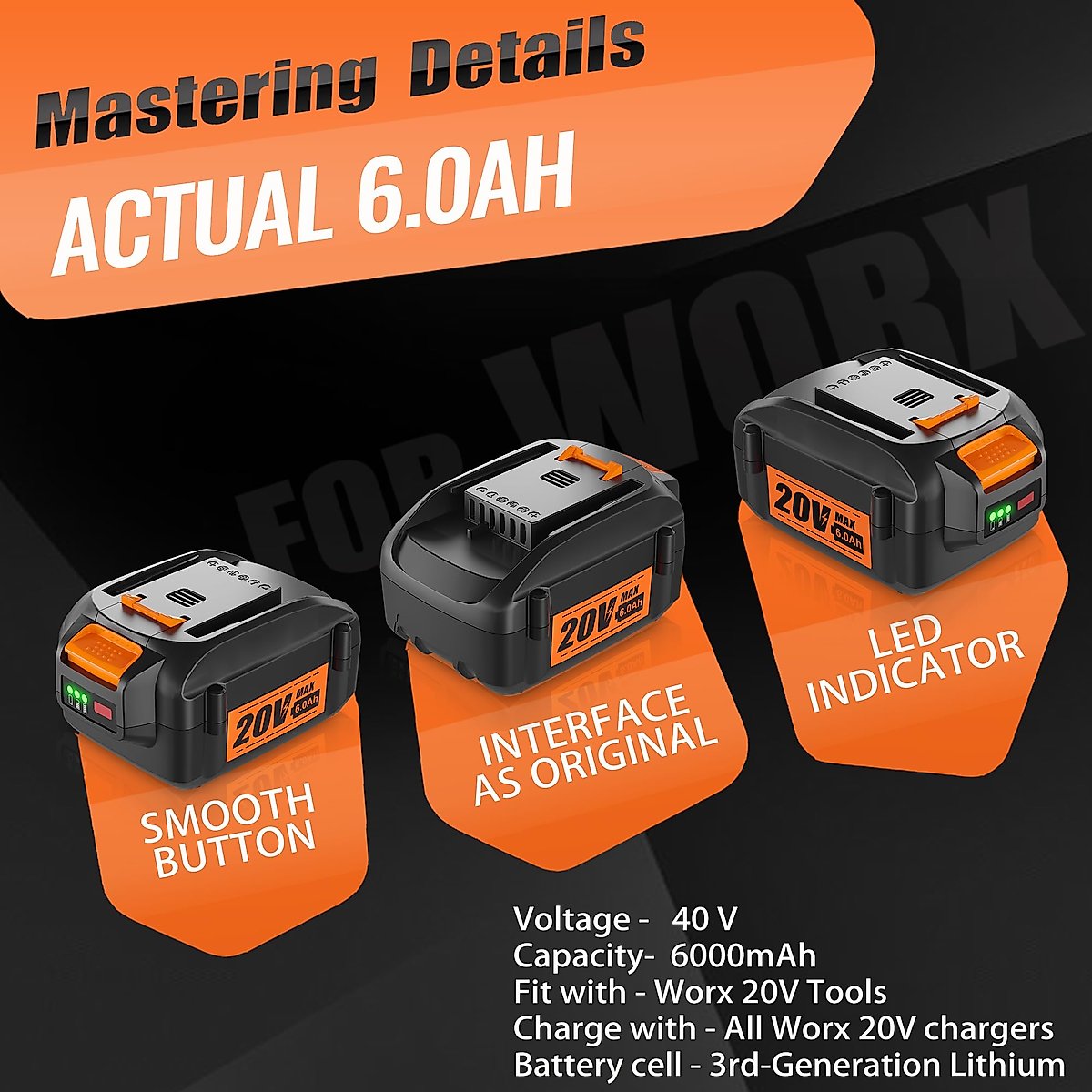 【NEW LED Indicator】2Pack 6.0Ah 20V Replace Battery for Worx 20V Battery Compatible with Worx 20 Volt Lithium WA3520 WA3525 WG151s WG155s WG251s WG255s WG540s WG545s Cordless Power Tools Battery