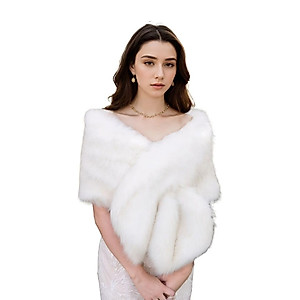 DJBM Women's Faux Fur Shawl Wraps Cloak Coat Sweater Cape for Evening Party Ivory/Brown