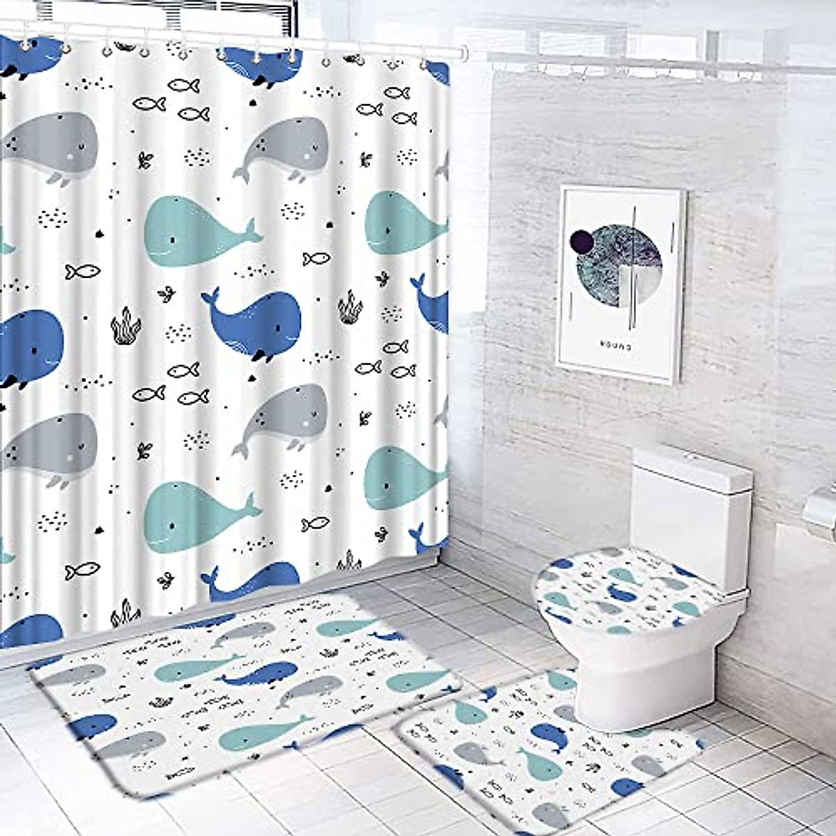 DSMEUE 4 Piece Shower Curtain Sets with Rugs,Cartoon Whale Blue Gray Tropical Fish Seaweed Funny Sealife Boys Girls 70" x 70" Bathroom Curtain and 17.8"x29.5" Bath Mat,Toilet Cover, U-Shaped