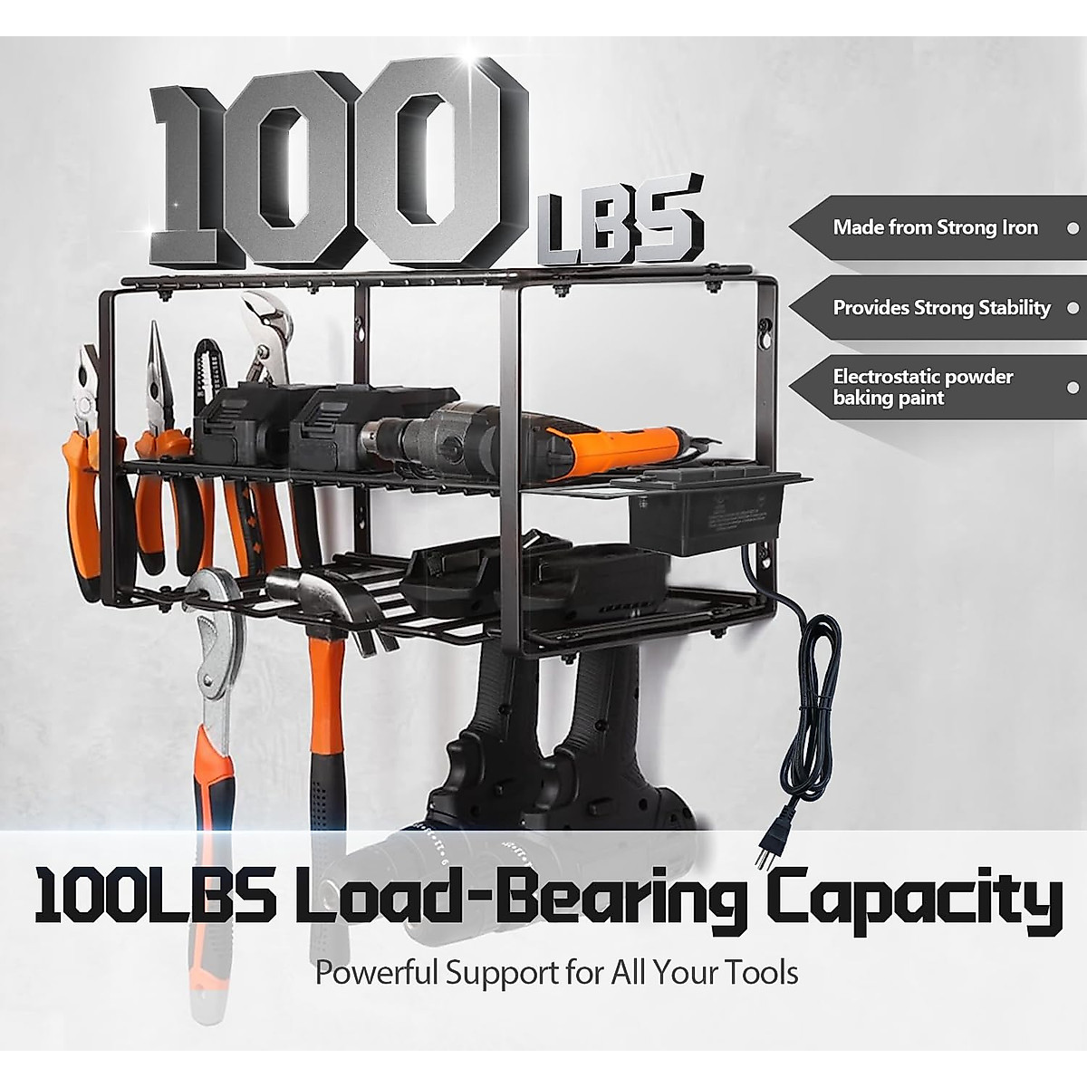 3-Tier Power Tool Organizer, Wall Mount Tool Holder with Charging Station, 4 Drill Holder Heavy Duty Metal Tool Shelf for Tool Storage Garage Workshop Tool Rooms