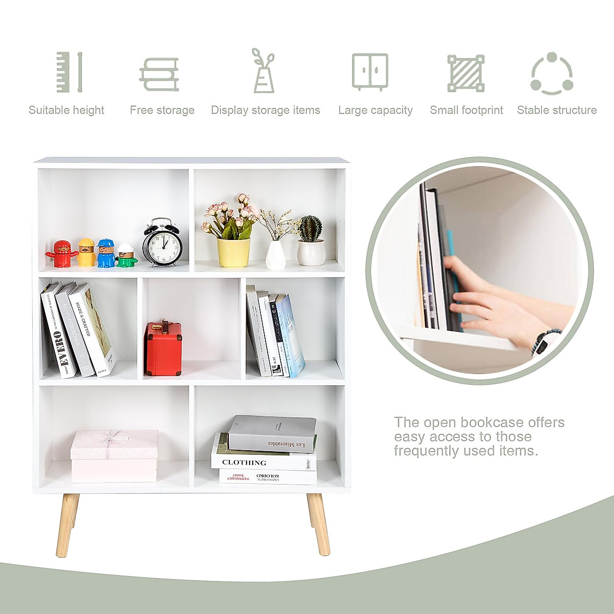 7 Cube White Bookshelf, 3 Tier Book Shelf with Legs Minimalist Bookcase Free Standing Display Cabinet Rack for Living Room, Office, Bedroom, Study Room (Contains Anti-Tipping Parts)