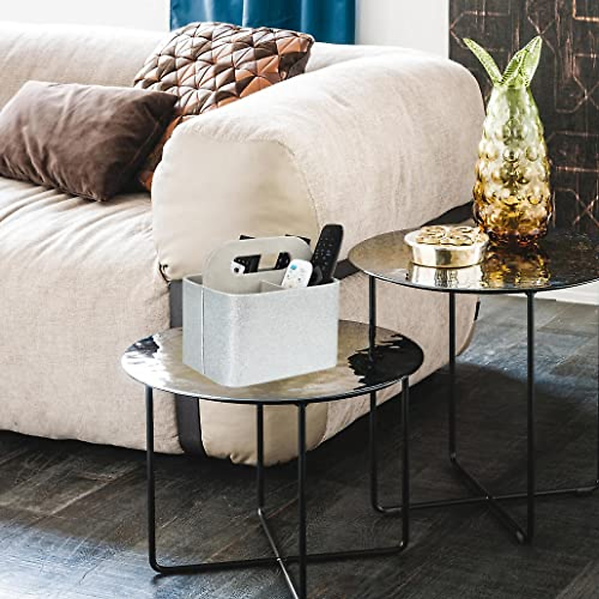 HofferRuffer Faux Leather Basket Tote Bin Caddy, Remote Control Holder, Portable Skincare Makeup Storage Organizer Caddy Tote with Handle, 7.3 x 5.5 x 6.7 inches (Silver)