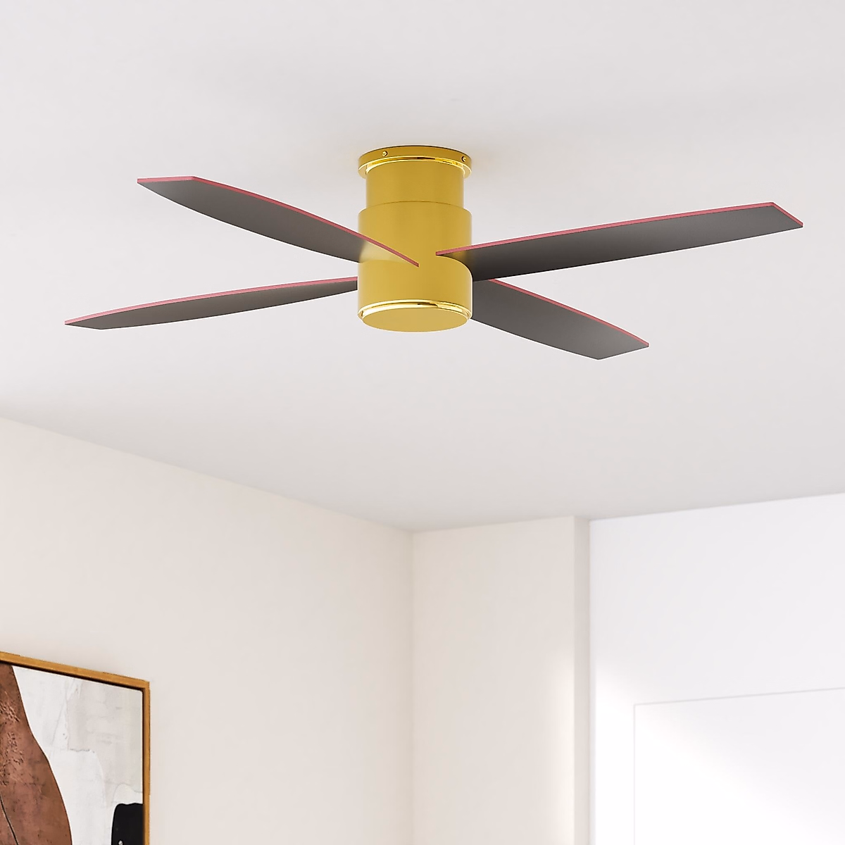 WINGBO 52" Flush Mount DC Ceiling Fan Without Lights, 4 Reversible Blades, Ultra Quiet 6-Speed DC Motor, Hugger Low Profile Indoor Ceiling Fan No Lights, Brass Finish