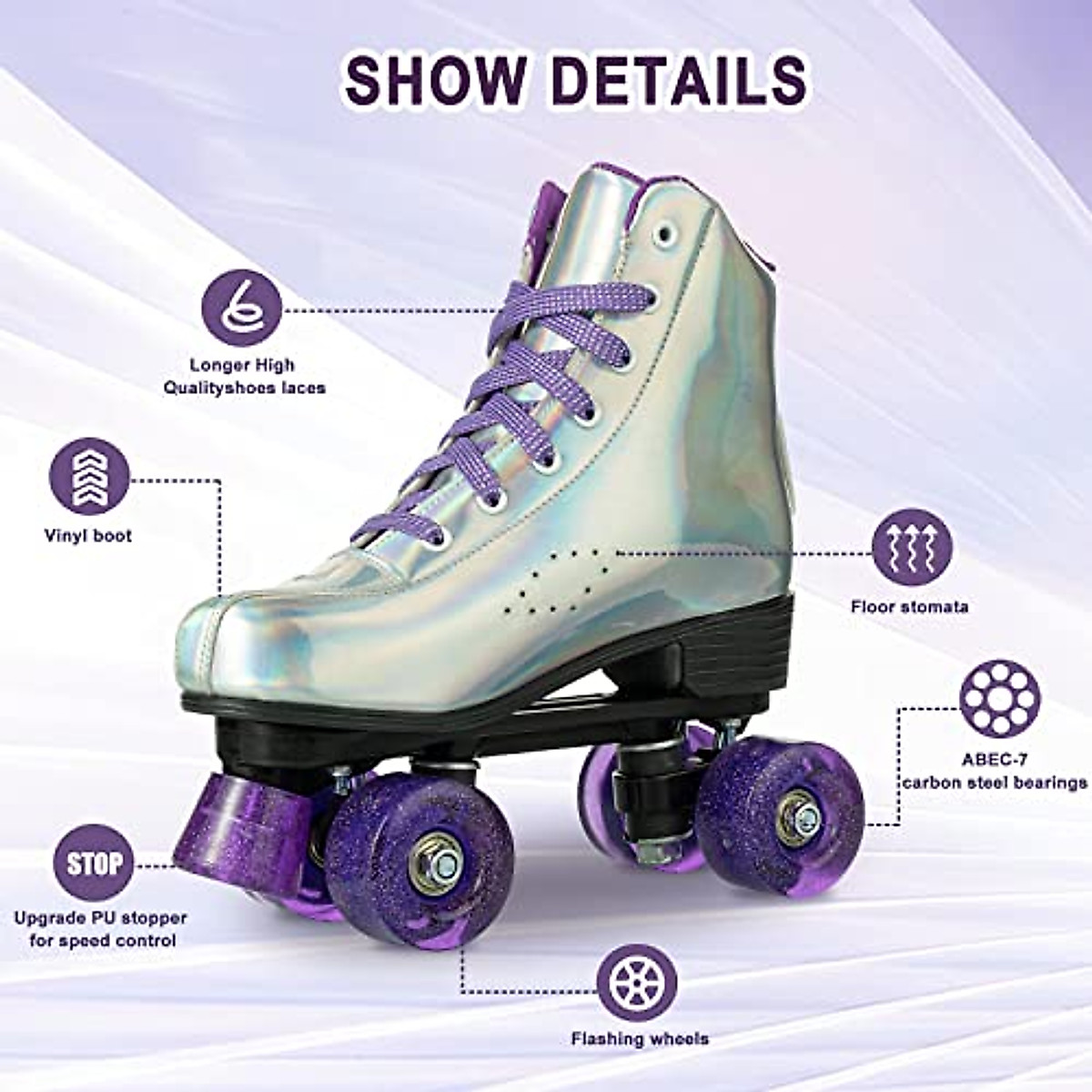 YYW Roller Skate for Women Men Light up Wheel - Double Roller Skater High-top PU Leather Roller Skate Shoes Adjustable PU Roller Skates with Four Piles for Adult Girls Beginners