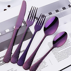 Bisda Purple Silverware Set, 20 Piece Premium 18/8 Stainless Steel Hammered Kitchen Utensil Flatware Cutlery Sets of 4, Mirror Polish, Dishwasher Safe