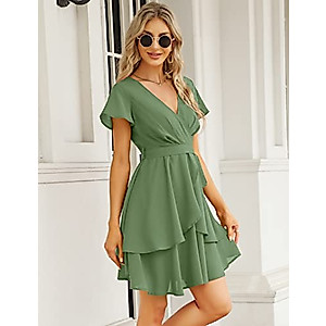 KOJOOIN Womens Skater Dresses Sexy V Neck Short Sleeve Tie Waist Solid Ruffle Boho Flowy Swing Mini Dress Olive Green