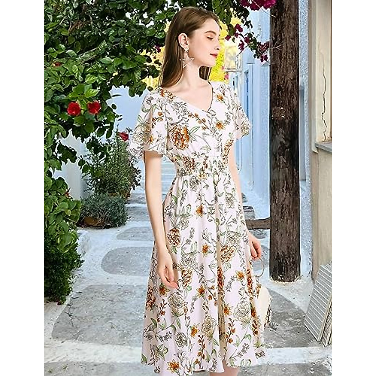 Chiffon Floral Summer Sun Beach Dresses for Women 2023 with V Neck Elastic Waist White Flower M
