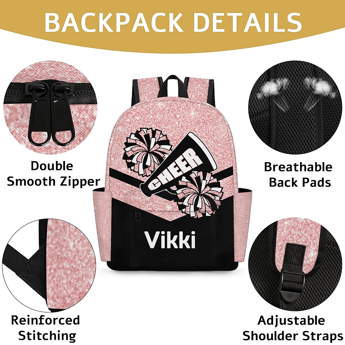 OMFUNS Pink Glitter Cheer Customized Kids Backpack for Girls Cheerleaders Personalized Preschool Toddler Backpack Kindergarten Nursery Bookbag Travel Children School Bag