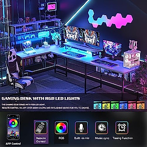 Unikito U Shaped Computer Desks with Hutch, 106 Inch Large Reversible L Shaped Office Desk with Power Outlets and LED Strip, U Shape Gaming Table with Monitor Stand and Storage Shelves, White Oak