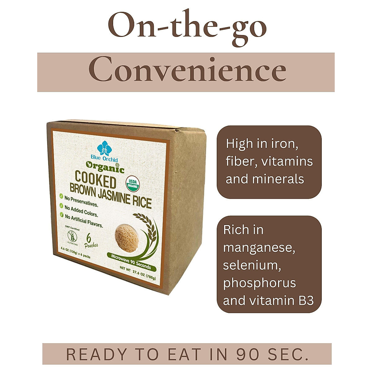 Organic Thai Jasmine Microwavable Cooked Brown Rice - Gluten-free - Vegan Healthy Ready to Eat 6 x 4.6 OZ Pouch (Brown Rice 6 Pouches)