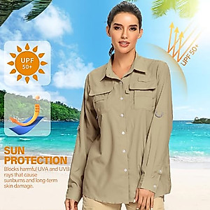 linlon Women's UPF Long Sleeve Fishing Shirts Button Up Hiking Safari Shirts Sun Protection and Quick Dry,Khaki,M