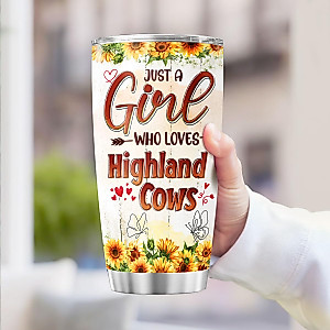 JENOIS Just A Girl Highland Cow, Tumbler 20 Oz With Lid And Straw, Highland Cow Gifts, Sunflower Flower Cups Floral